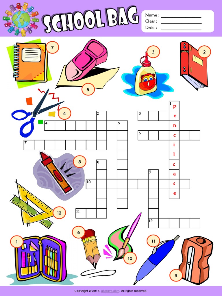 In My Schoolbag Esl Vocabulary Crossword Puzzle Worksheet For Kids PDF ...