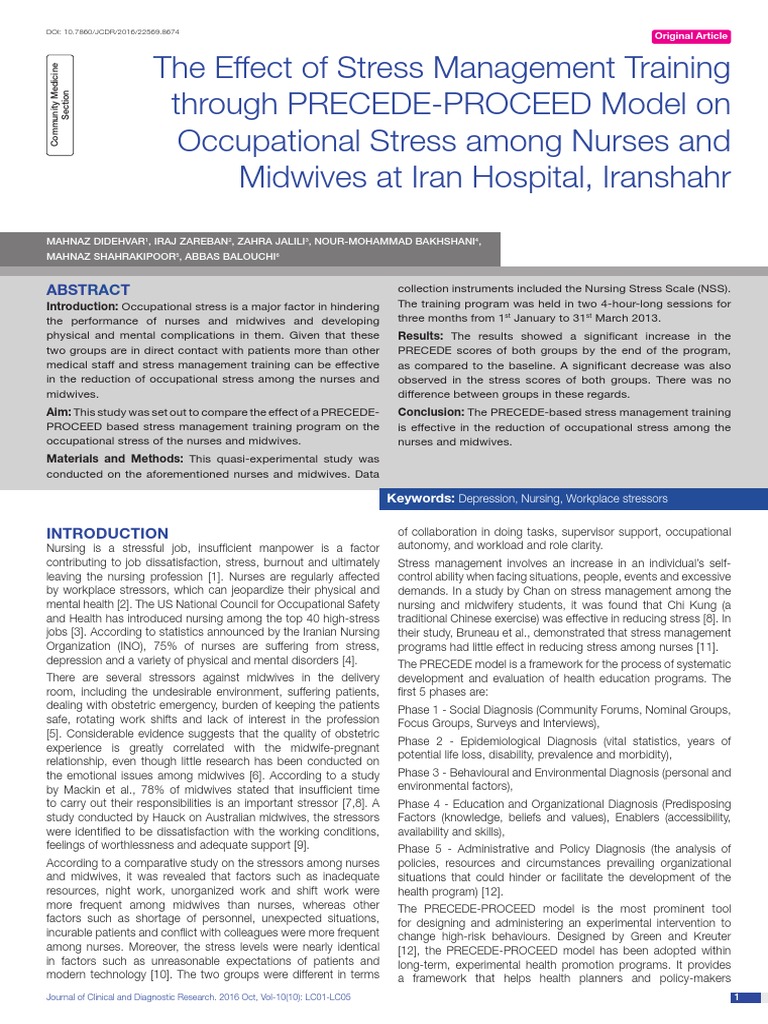 The Effect of Stress Management Training Through PRECEDE-PROCEED Model ...