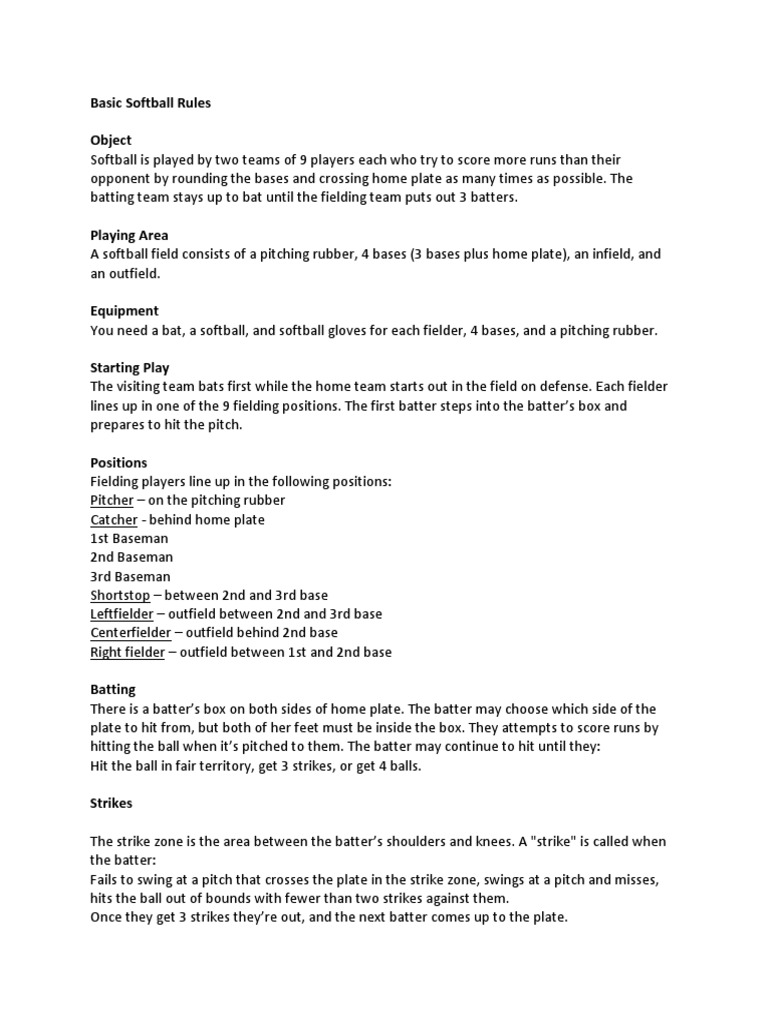 Basic Softball Rules | PDF | Softball | Baseball Field