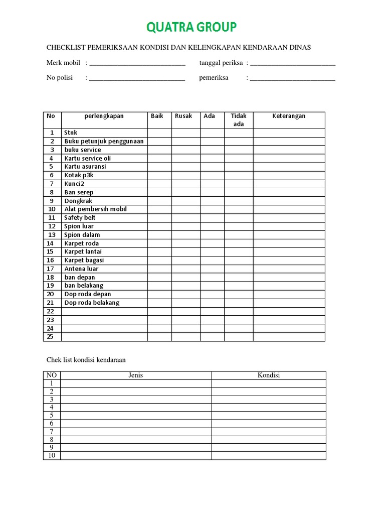 Format Cheklist Pemeriksaan Kendaraan Operasional Perusahaan | PDF