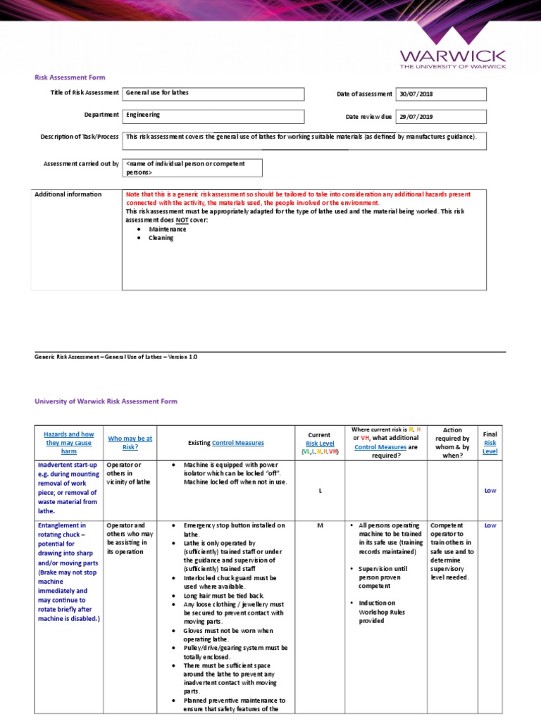 Generic Risk Assessment - General Lathe Use v.1 | PDF | Risk Assessment ...