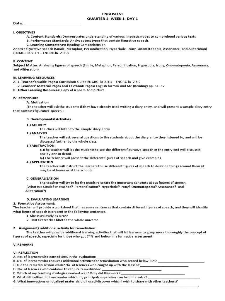 ENGLISH VI - Lesson Plan No. 1 (Figures of Speech) | PDF | Reading ...