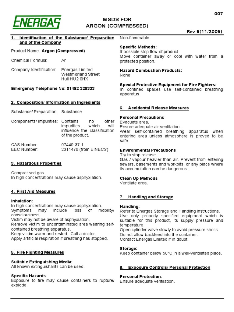 Argon (Compressed) | PDF | Argon | Gases