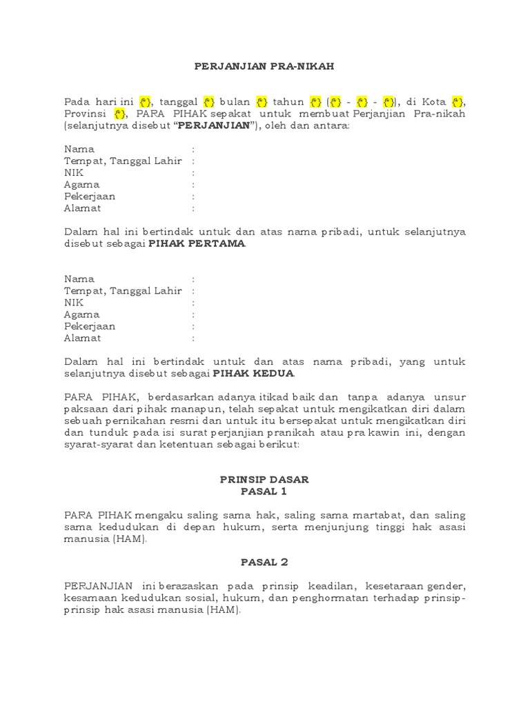 Contoh Perjanjian Pra-Nikah Sederhana | PDF