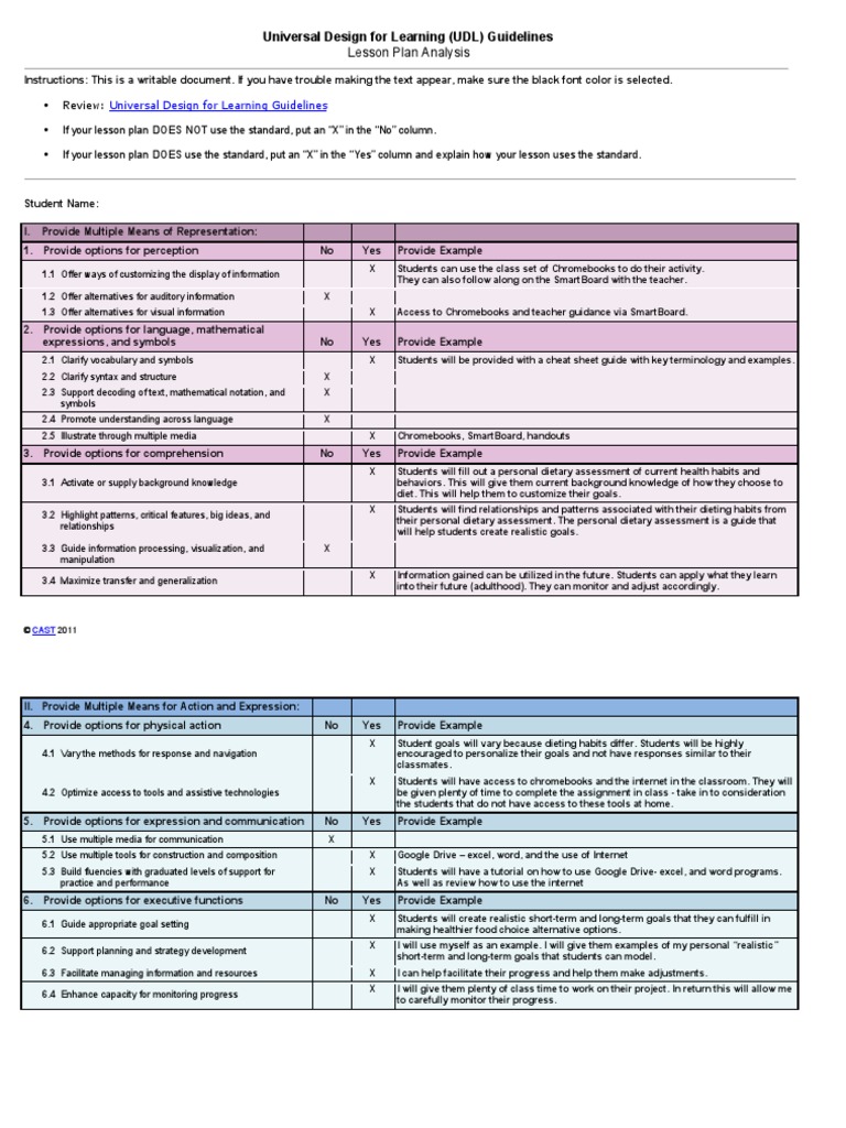 Universal Design For Learning (UDL) Guidelines: Lesson Plan Analysis ...