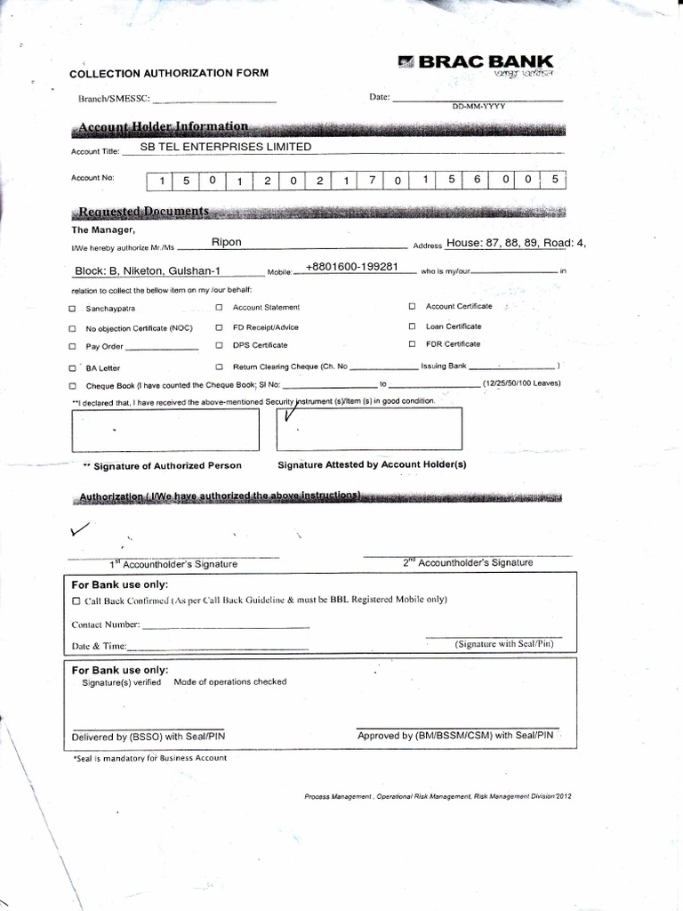 BBL Cheque Book Authorization Letter | PDF | Payments | Financial Services