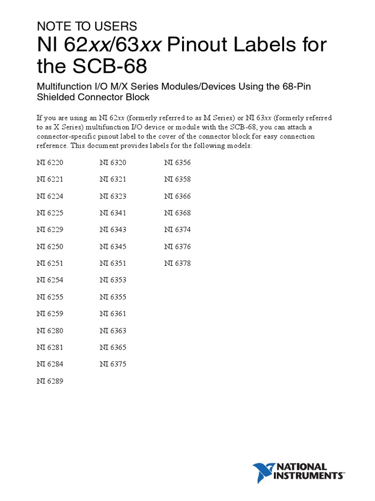 NI 62xx/63xx Pinout Labels For The SCB-68: Note To Users | PDF ...