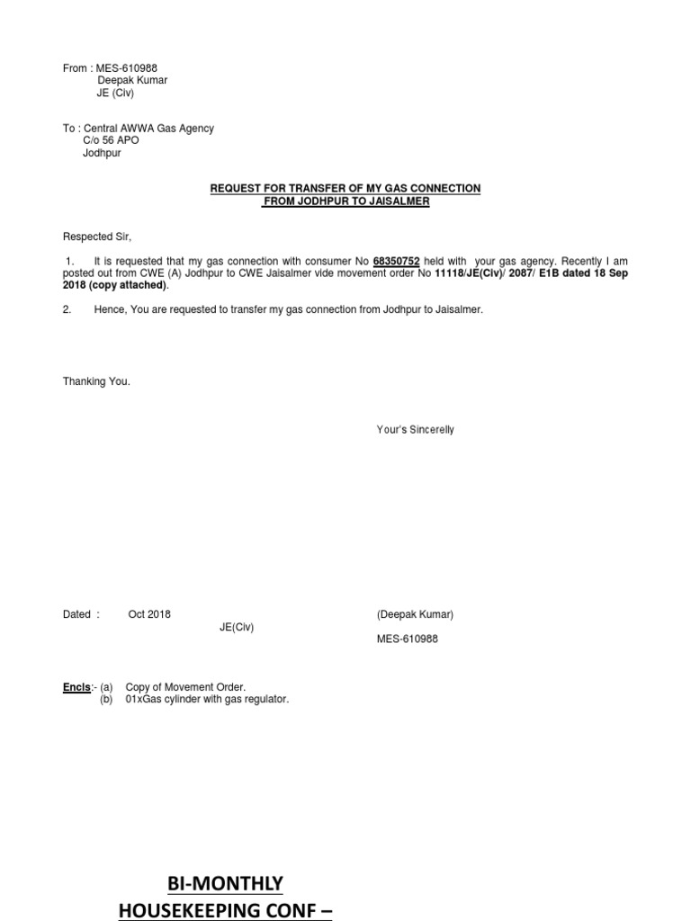 Request to Transfer Gas Connection from Jodhpur to Jaisalmer Due to Job ...