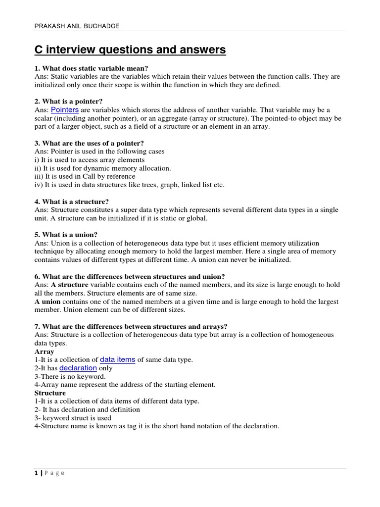 C Interview Questions And Answers Pdf Pointer Computer Programming Method Computer