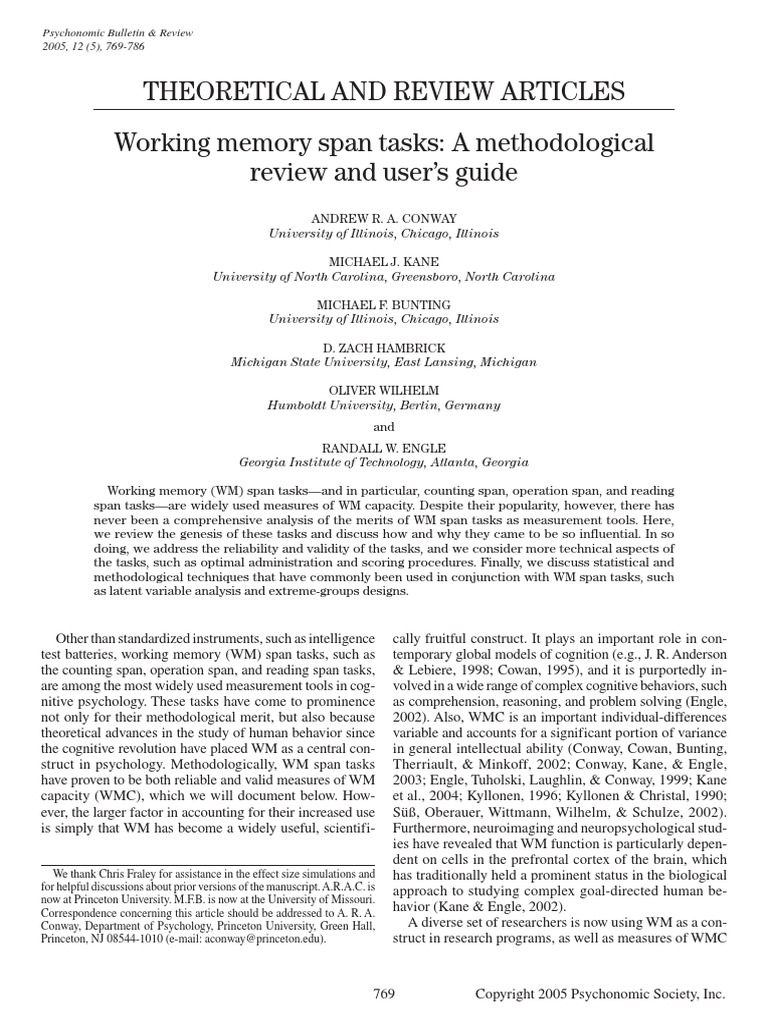 Theoretical and Review Articles Working Memory Span Tasks: A Methodological Review and User's ...