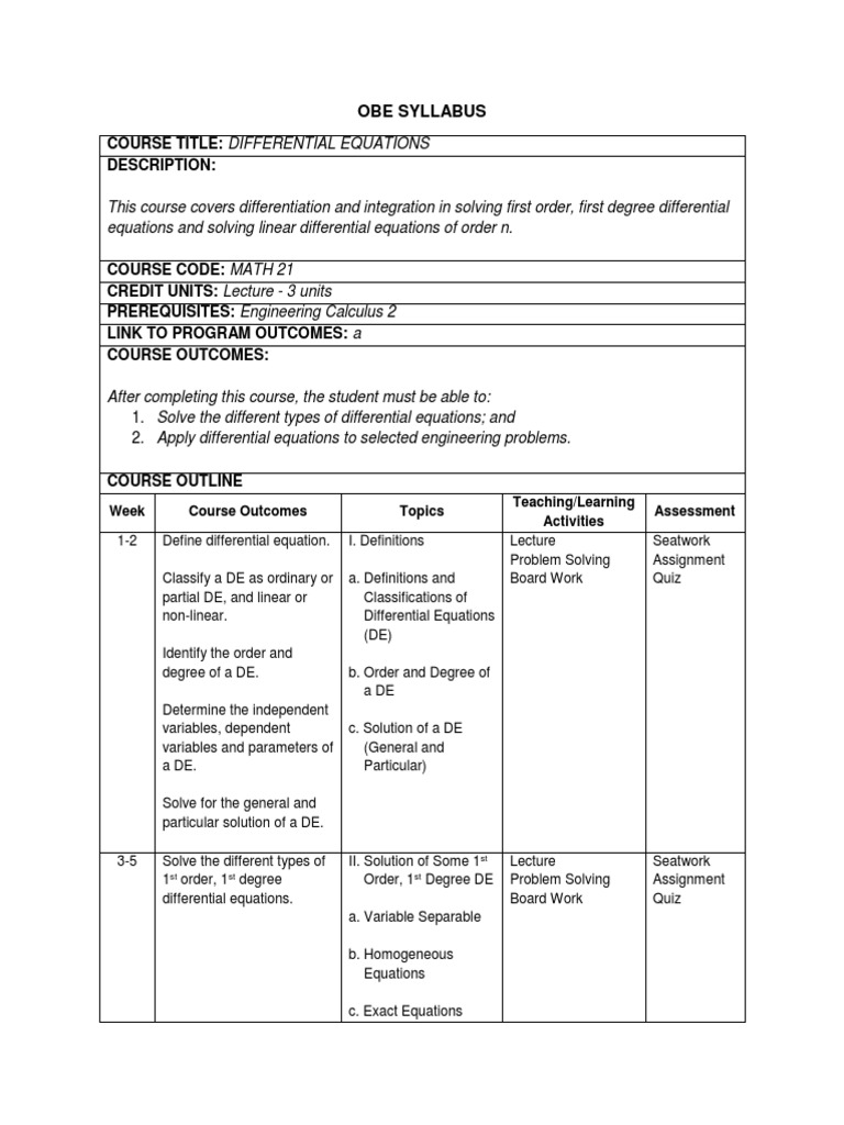 Differential Equations Course Syllabus | PDF | Differential Equations ...