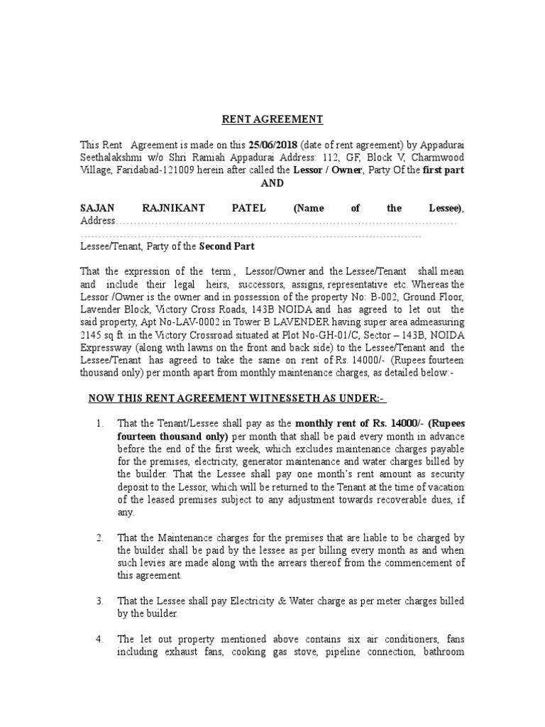 Format Rent Agreement | PDF | Lease | Leasehold Estate