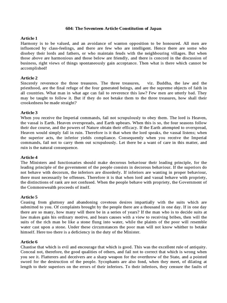 604: The Seventeen Article Constitution of Japan Article 1 | PDF | Envy