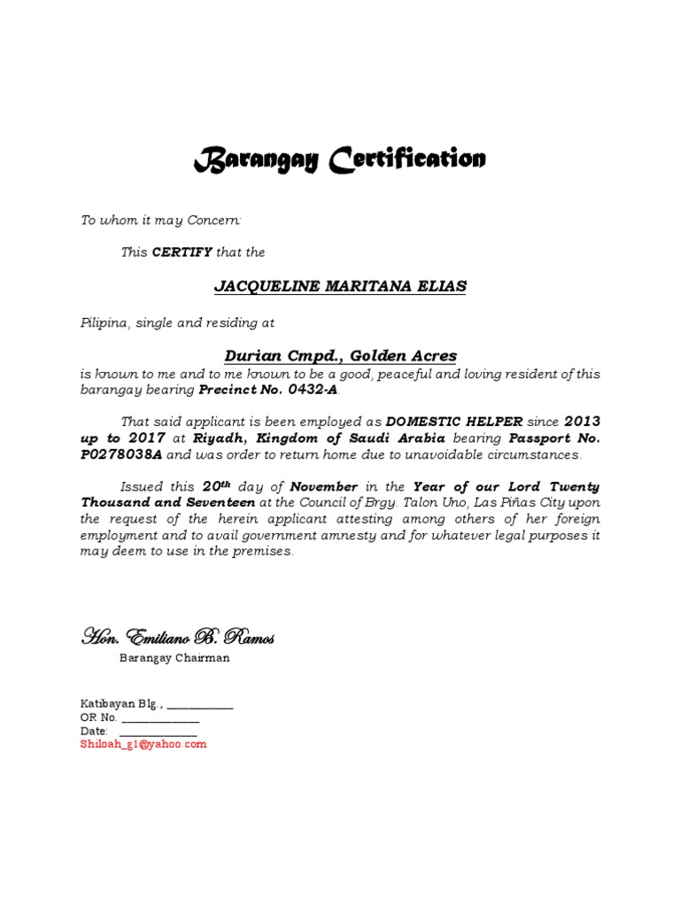 Barangay Certification for Employment | PDF