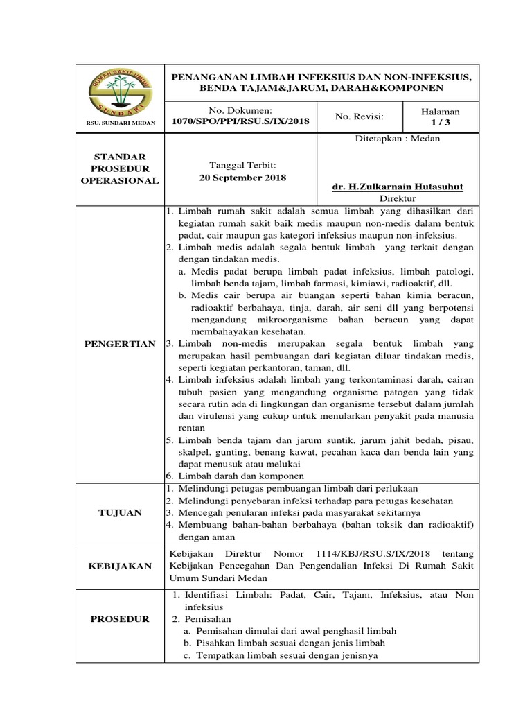 Spo Penanganan Limbah Infeksius Dan Non Infeksius, Benda Tajam, Jarum Darah Dan Komponen Darah | PDF