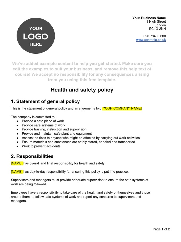 Health Safety Policy Template | PDF | Risk Assessment | Occupational ...