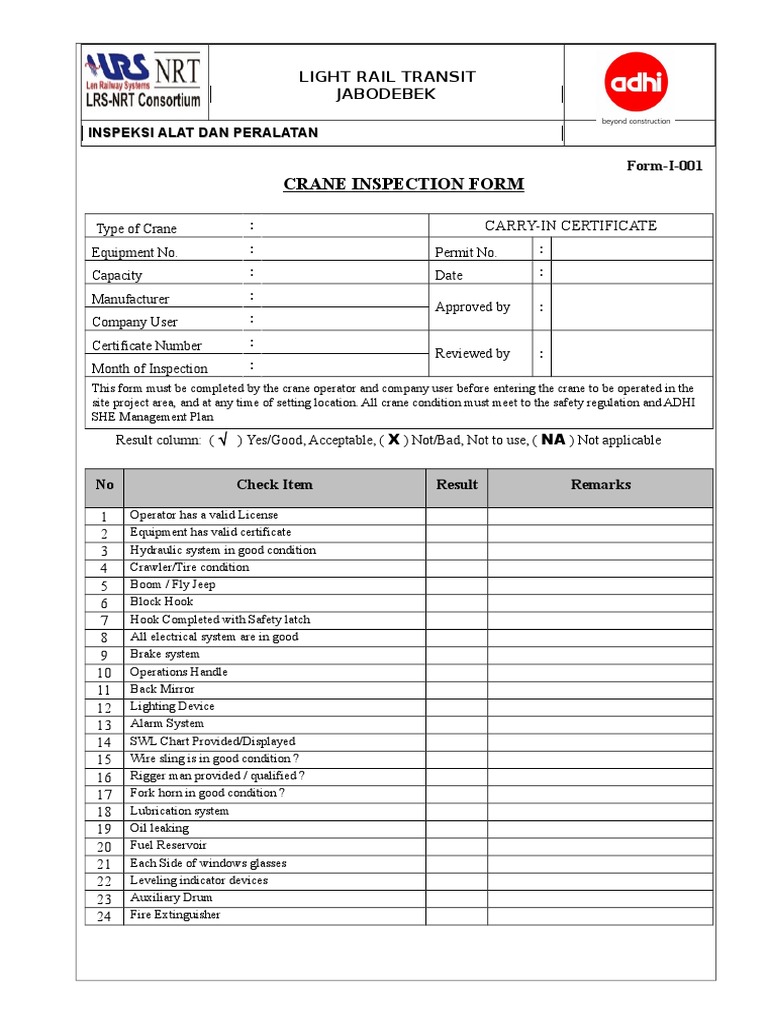 Crane Inspection Form: Carry-In Certificate | PDF | Crane (Machine ...