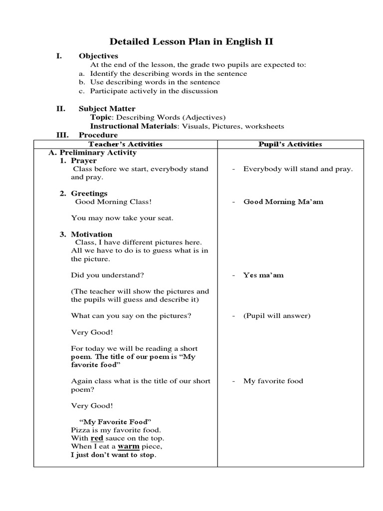 Detailed Lesson Plan in English (Adjectives) | PDF | Lesson Plan ...