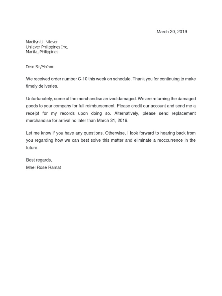 Damaged Goods Return Request Letter | PDF