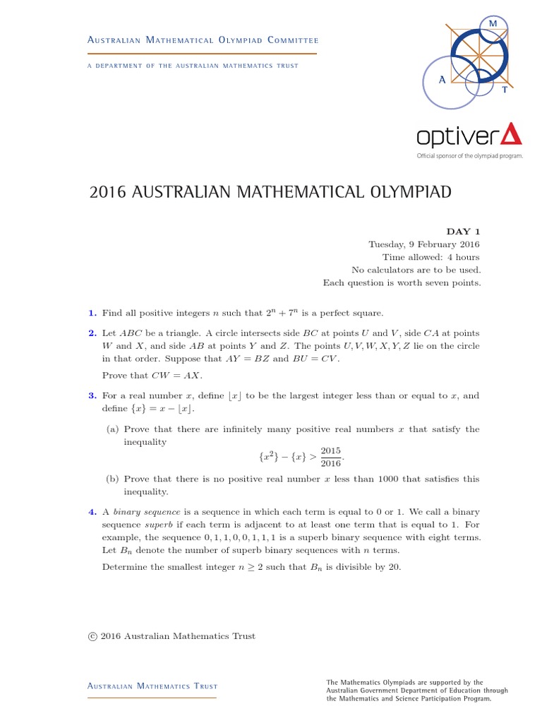 2016 Australian Mathematical Olympiad | PDF | Sequence | Perpendicular