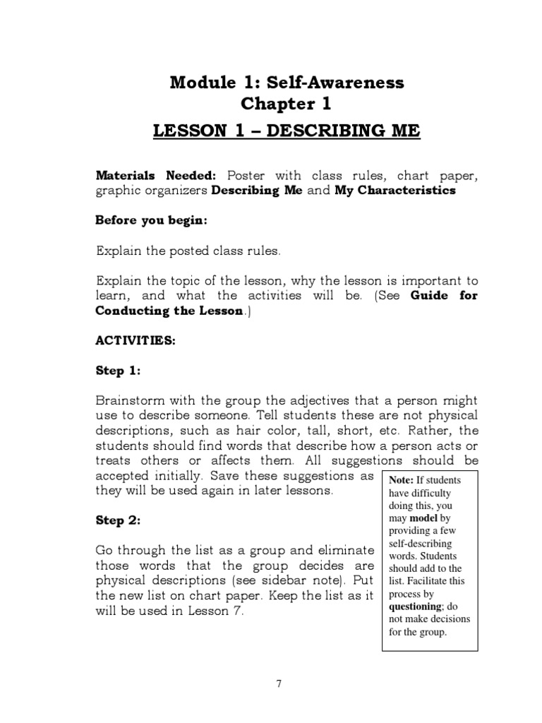 Module 1: Self-Awareness Lesson 1 - Describing Me | PDF | Feeling ...