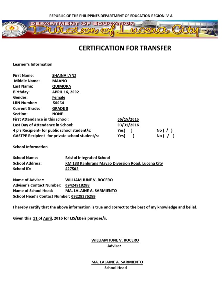 Certification For Transfer: Republic of The Philippines Department of ...
