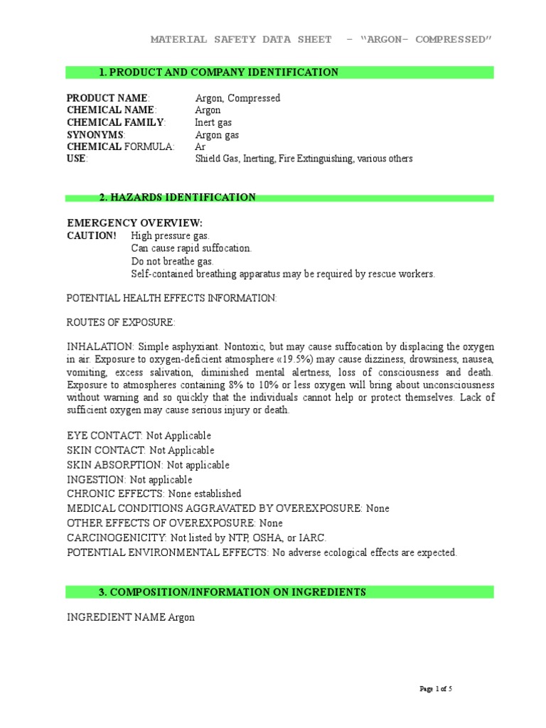 Argon Compressed Safety Data Sheet | PDF | Safety | Gases