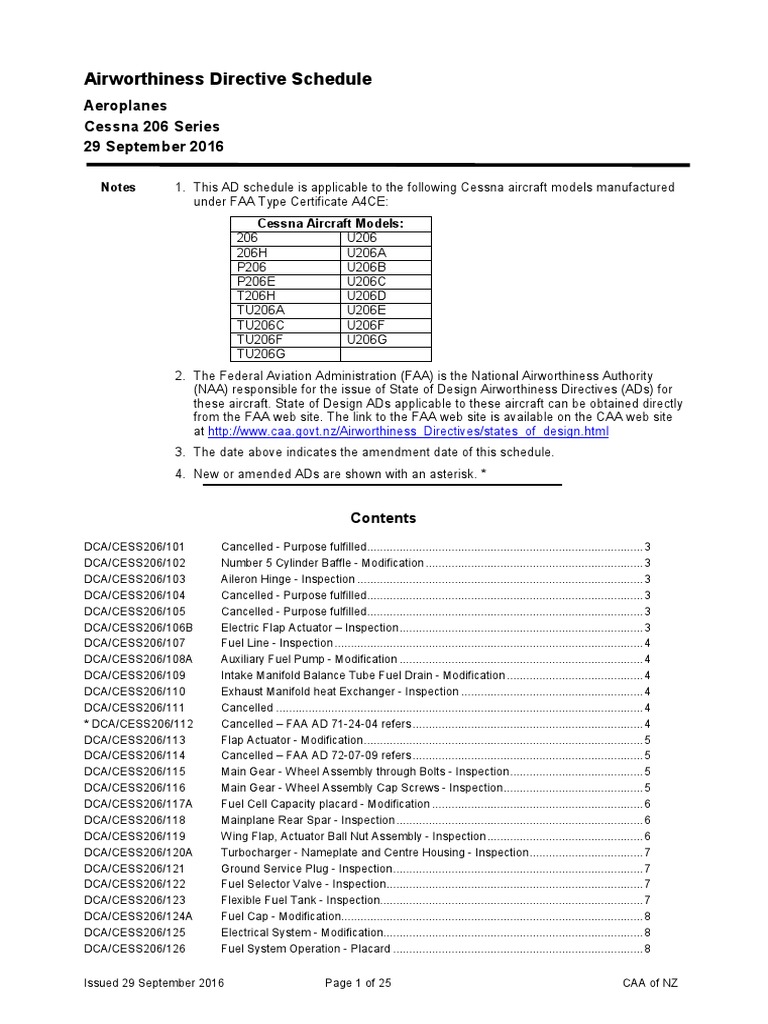 Airworthiness Directive Schedule for Cessna 206 Series Aeroplanes ...