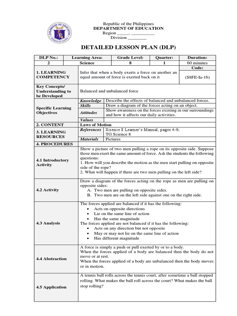 DLP-Bohol - Science8 Q1 W1 D3 | PDF | Force | Lesson Plan