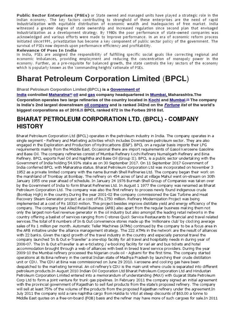 Bharat Petroleum Corporation Ltd. (BPCL) - Company History | PDF | Oil ...