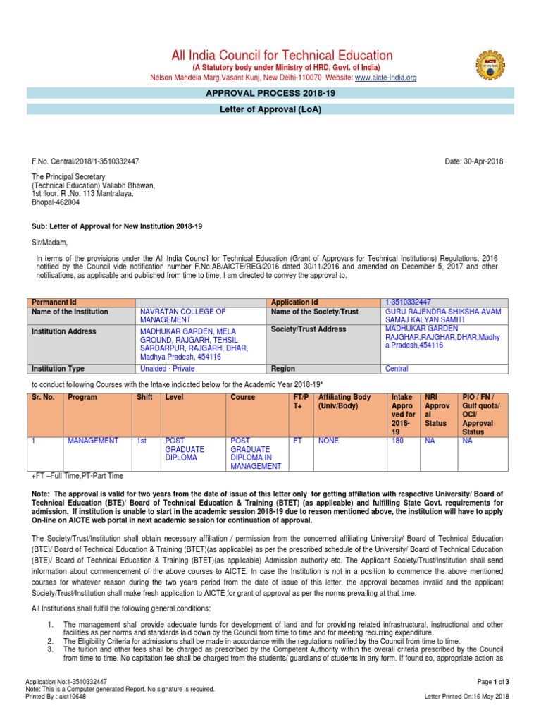 All India Council For Technical Education: Approval Process 2018-19 ...