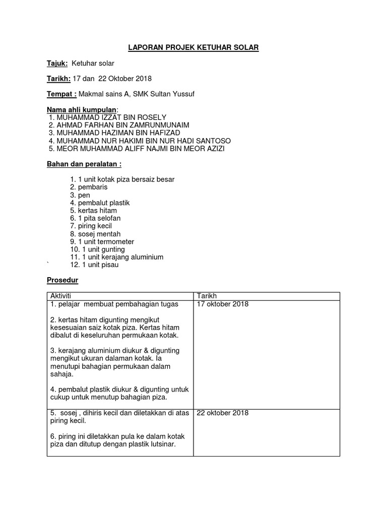 Laporan Projek Ketuhar Solar | PDF