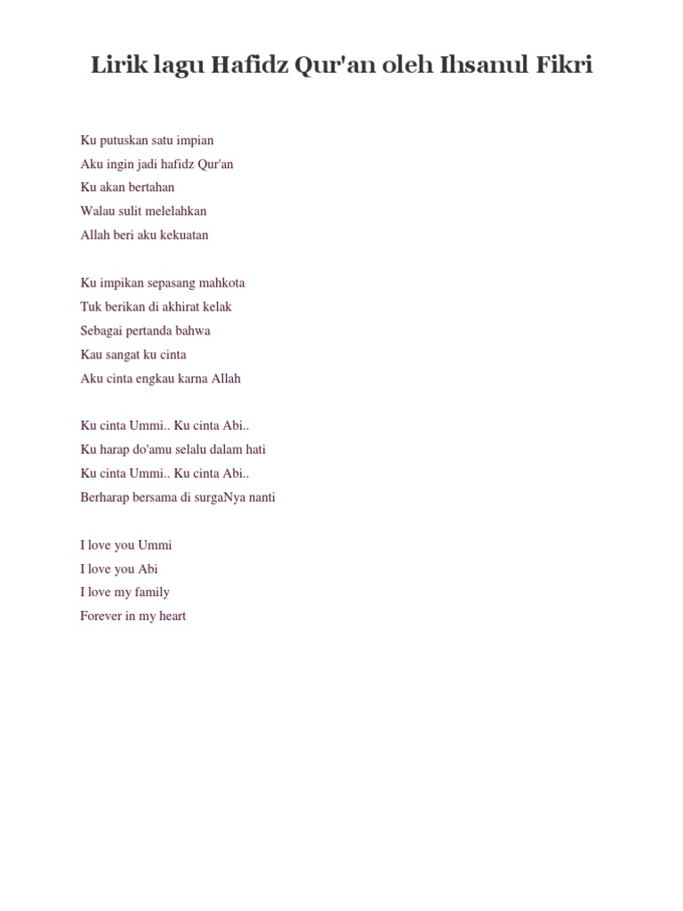 Lirik Lagu Hafidz Qur | PDF