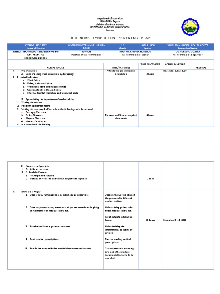 Shs Work Immersion Training Plan | PDF | Teachers | Behavior Modification