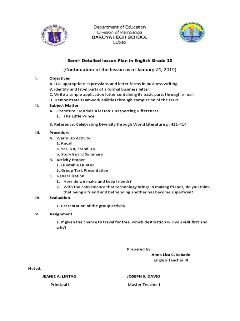 Semi-Detailed Lesson Plan for Grade 10 | PDF