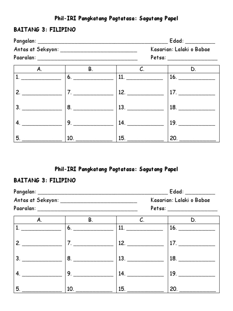 Phil-IRI GST Answer Sheet Complete (3-6) Filipino and English