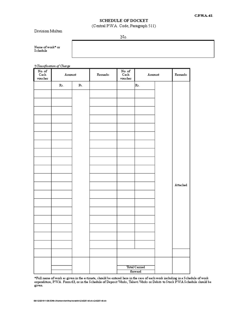 Schedule of Docket for the Central P.W.A. Division in Multan Detailing ...