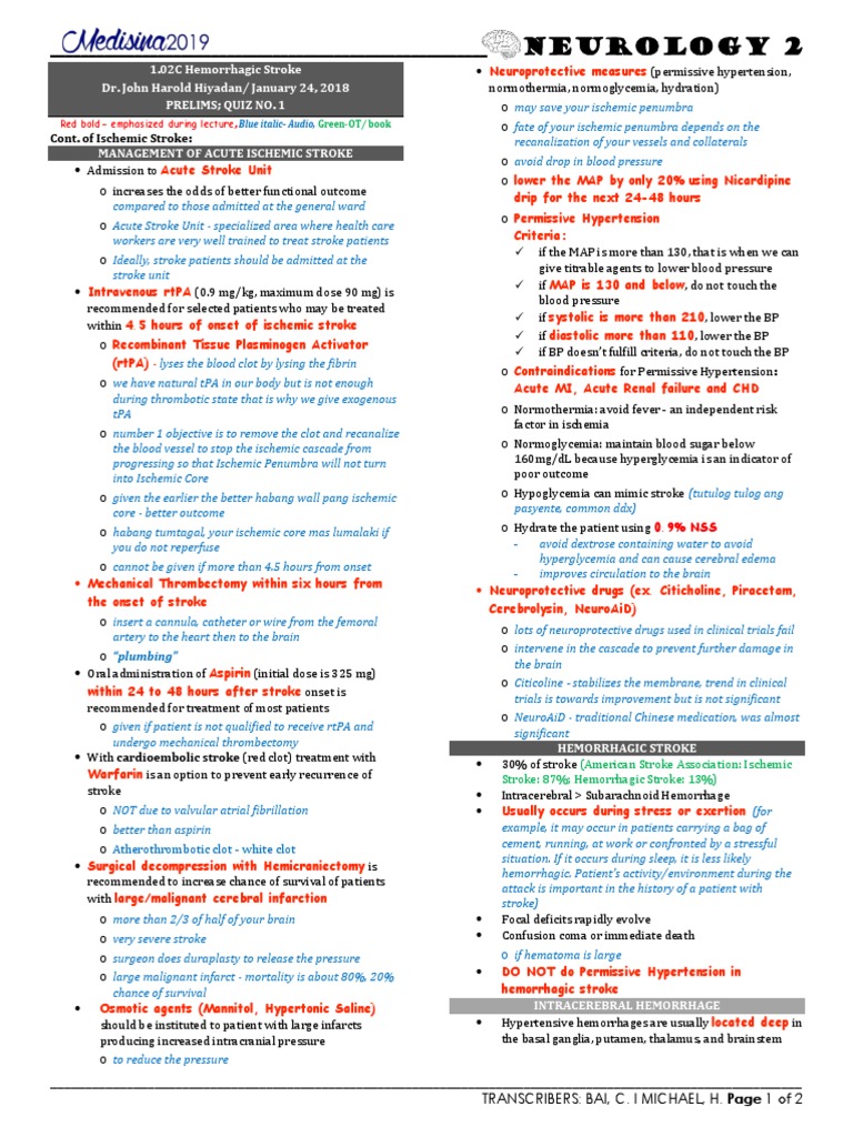 NEURO2 1.02C Hemorrhagic Stroke - Dr. Hiyadan | PDF | Stroke | Ischemia