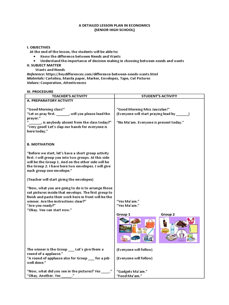 Understanding Needs vs. Wants in Economics | PDF | Resource | Lesson Plan