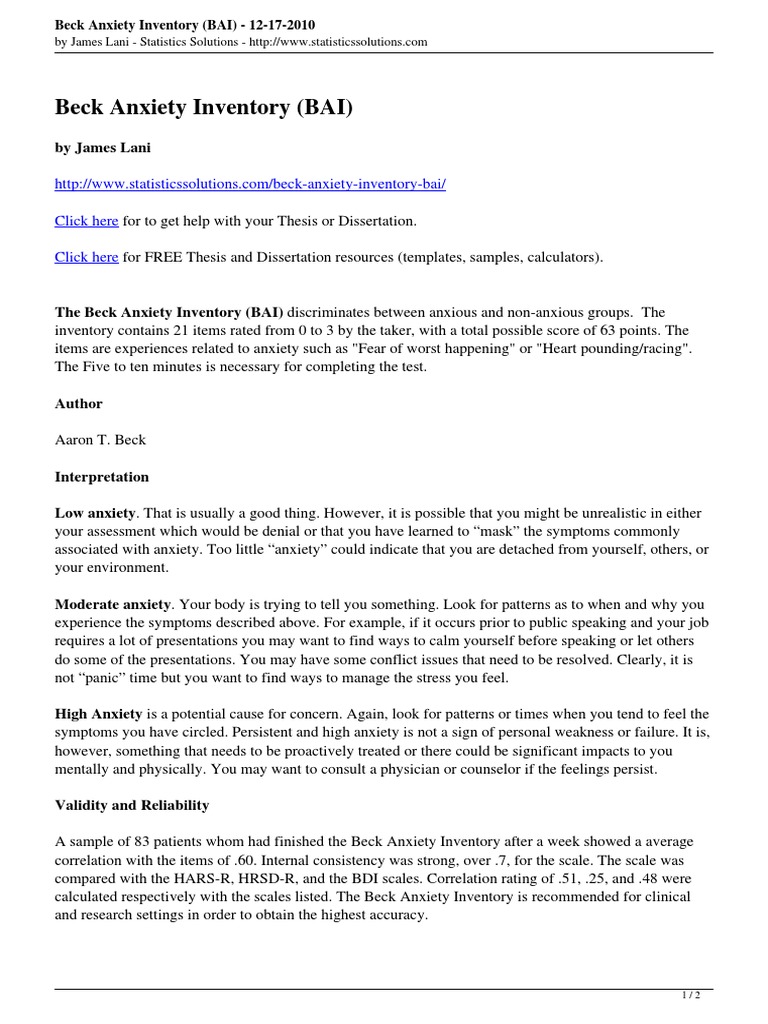 Beck Anxiety Inventory Bai | PDF | Anxiety | Psychiatry