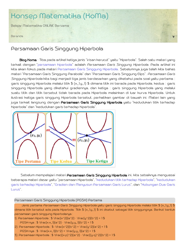Persamaan Garis Singgung Hiperbola Konsep Matematika Koma Pdf Pdf