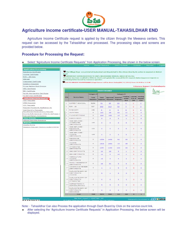 MEESEVA User Manual For DEPT Ver 1.6-Agriculture Income | PDF ...