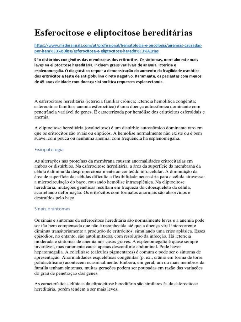 Esferocitose e Eliptocitose Hereditárias | PDF | Anemia | Remédio