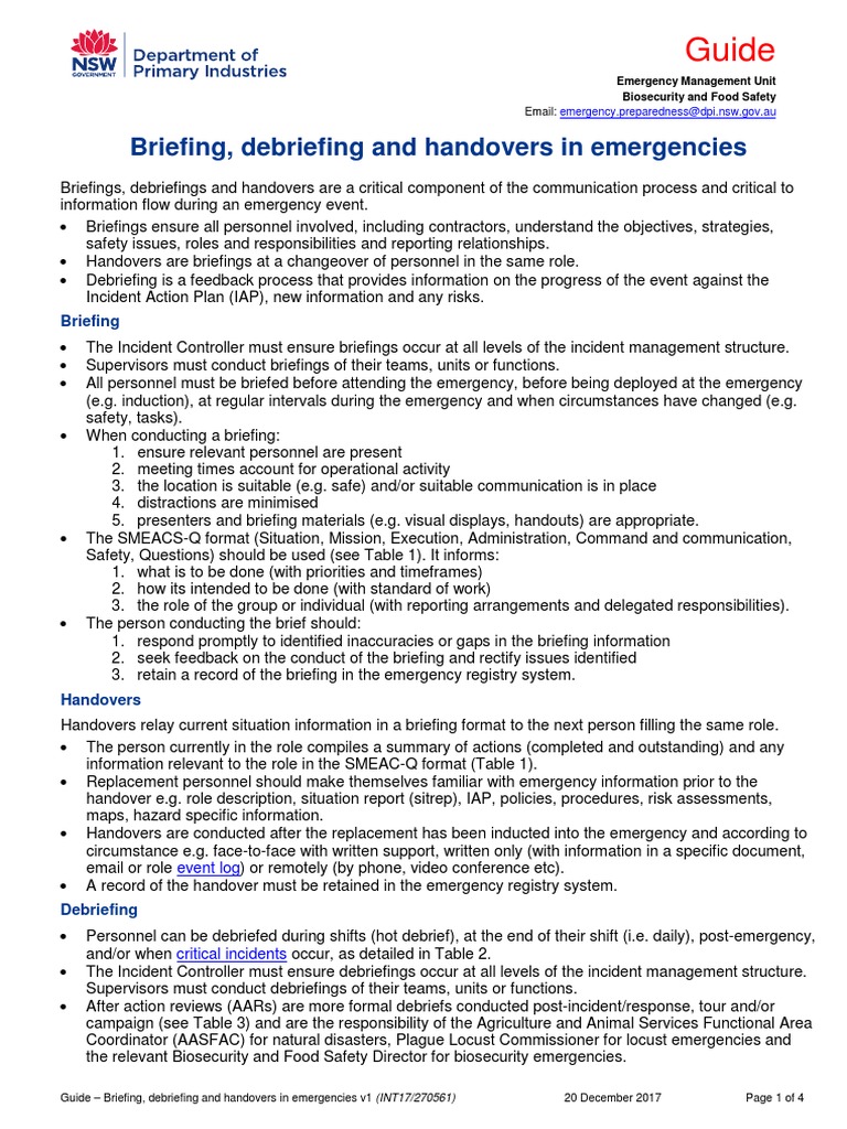 Guide Briefing Debriefing and Handovers in Emergencies | PDF ...