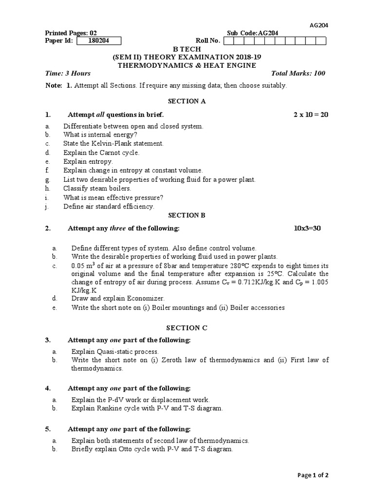 Thermodynamics exam questions and answers | PDF | Thermodynamics | Entropy