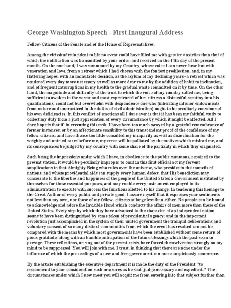 George Washington Speech Inaugral | PDF | United States Bill Of Rights ...