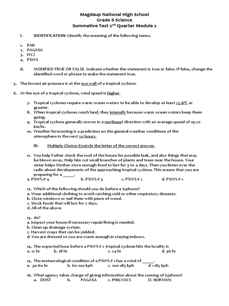Grade 8 Science Summative Test 2nd Quarter Module 2 | PDF | Tropical ...