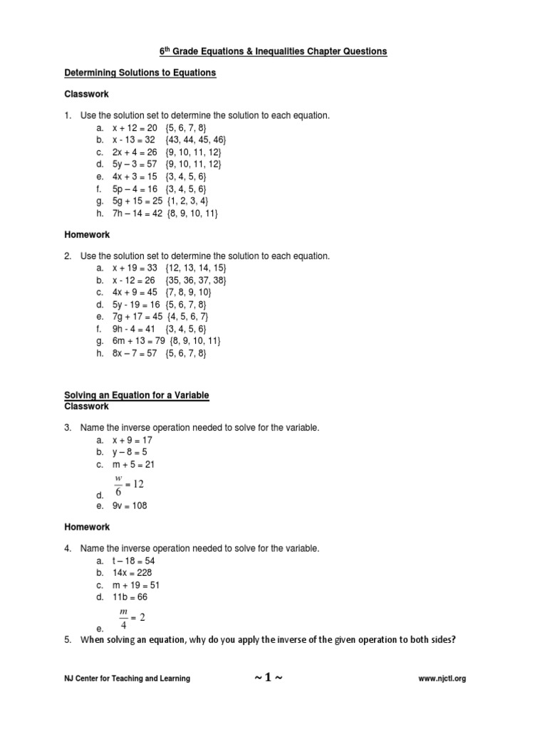 6th Grade Equations & Inequalities Homework | PDF | Inequality ...