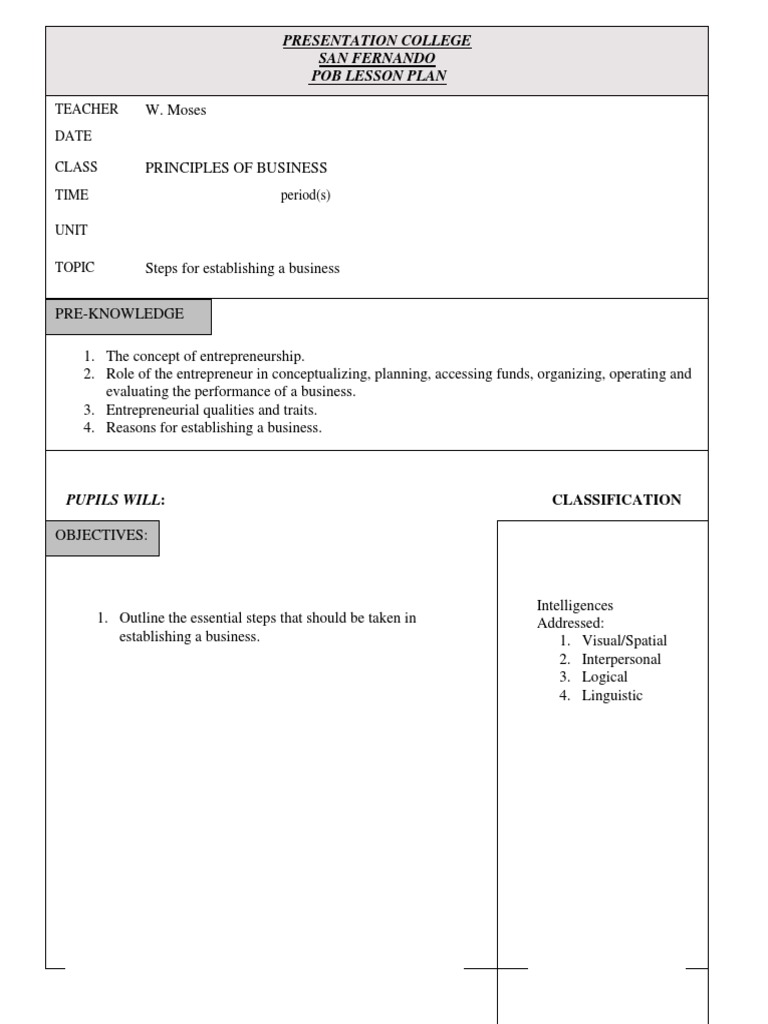 Lesson Plan Pob Steps in Establishing A Business | PDF ...