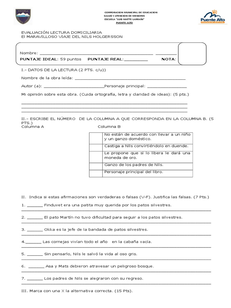 Prueba de Libro El Maravilloso Viaje de Nils Holgersson 5to | PDF